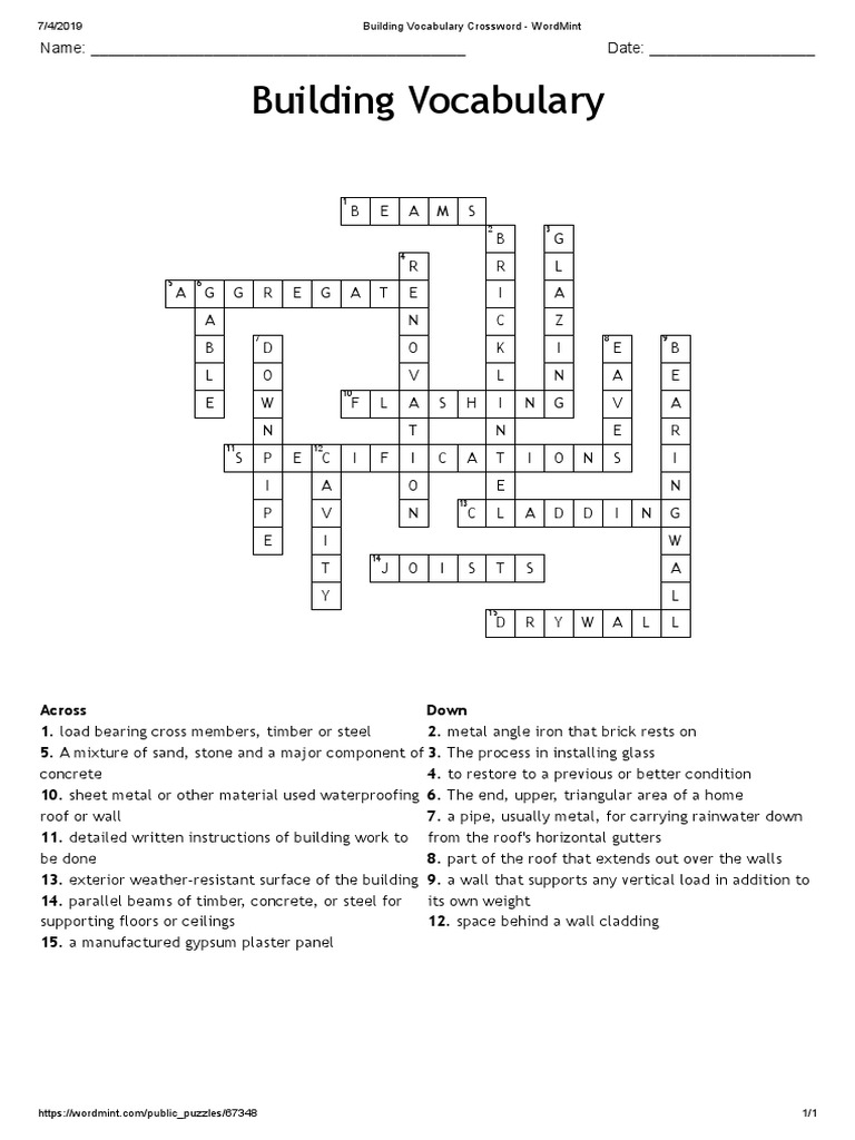 Building Vocabulary Crossword Answers | PDF | Wall | Roof