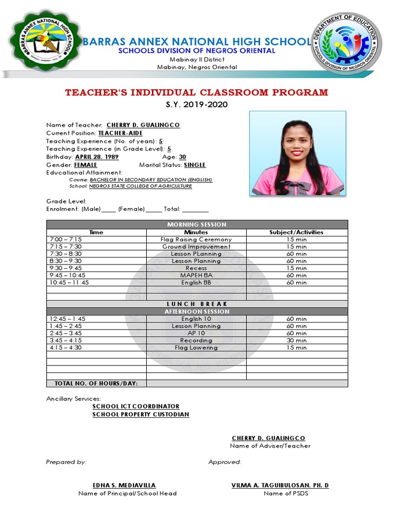 Teacher's Classroom Program 2019-2020 | PDF