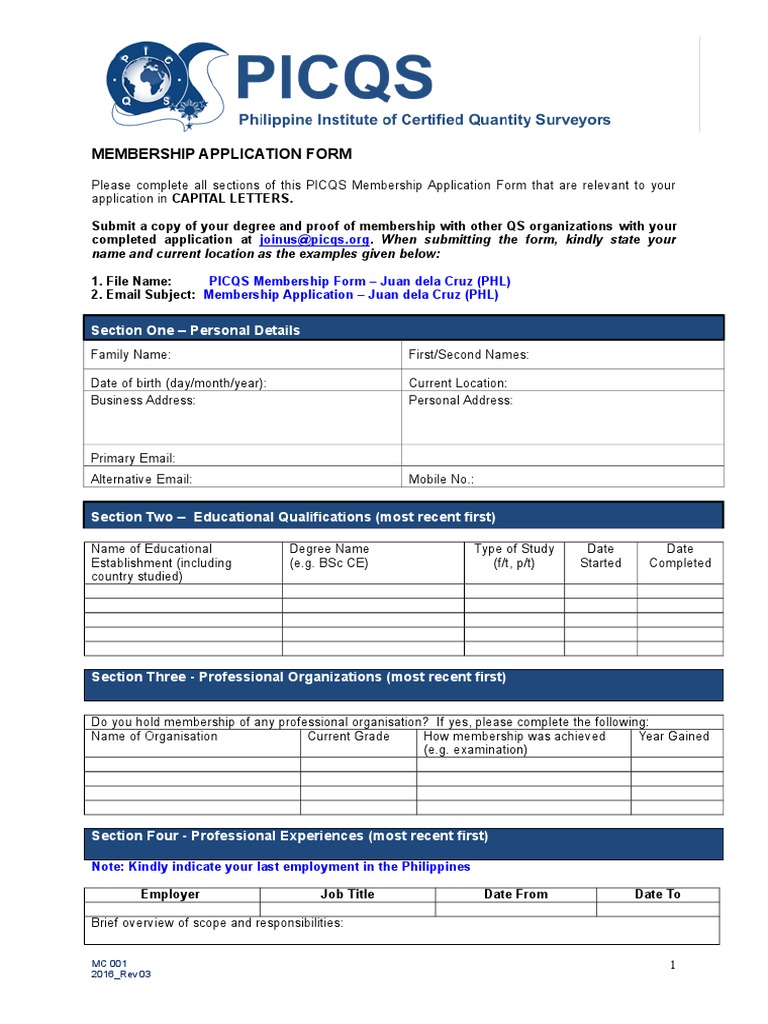 PICQS Membership Form | PDF | Employment | Business