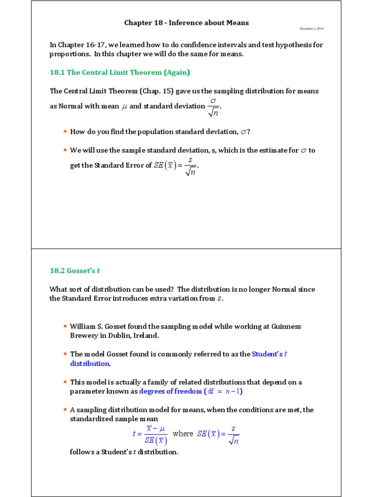 18.1 The Central Limit Theorem (Again) : Chapter 18 - Inference About Means | PDF | Standard ...