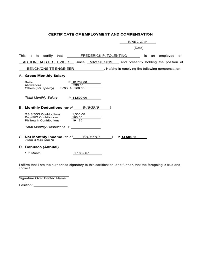 Certificate of Employment and Compensation | PDF | Government Finances ...