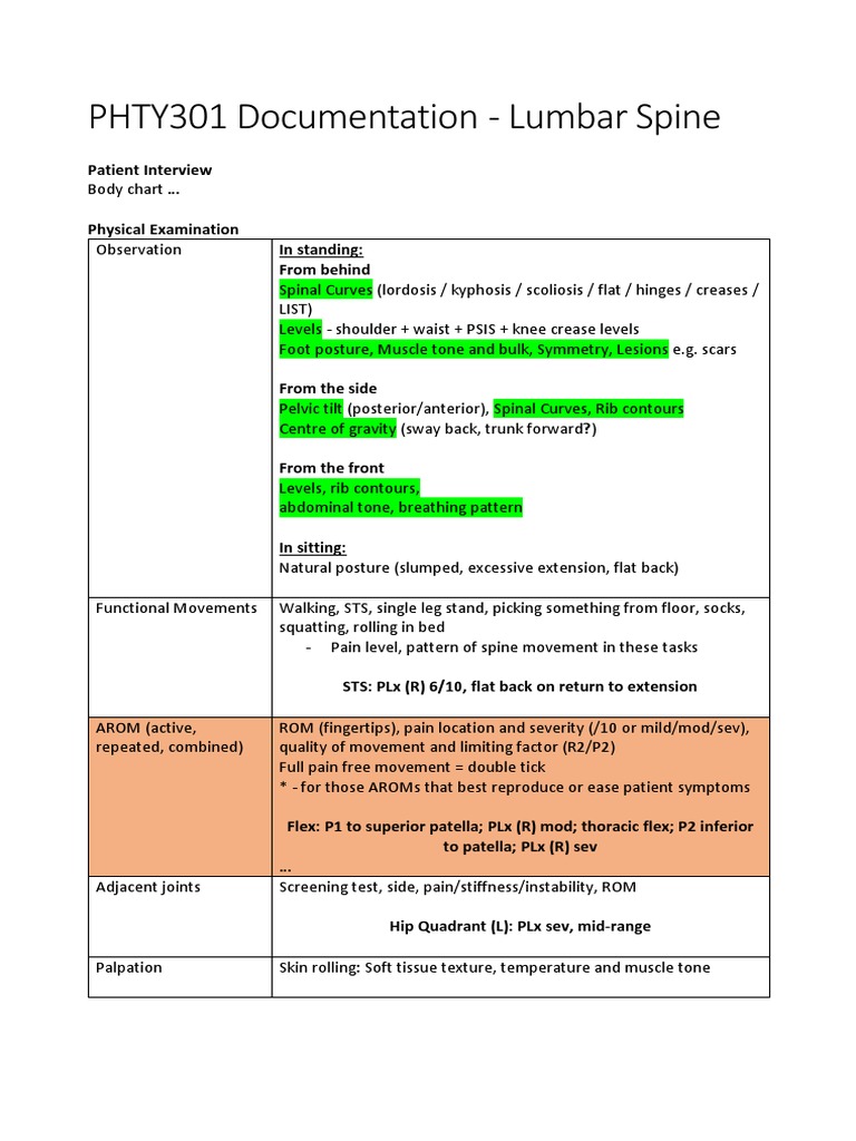Physiotherapy Physical Examination of Lumbar Documentation | PDF ...