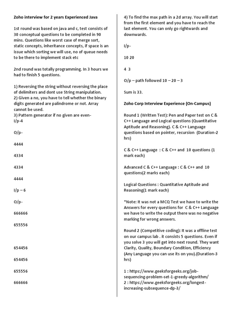 Zoho Interview Sets Freshers Pdf C Programming Language String Computer Science