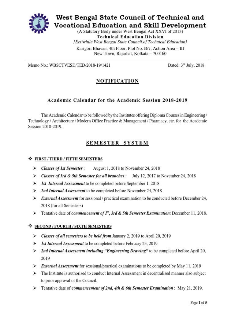Academic Calendar 2018-19 | PDF | Academic Term | Vocational Education