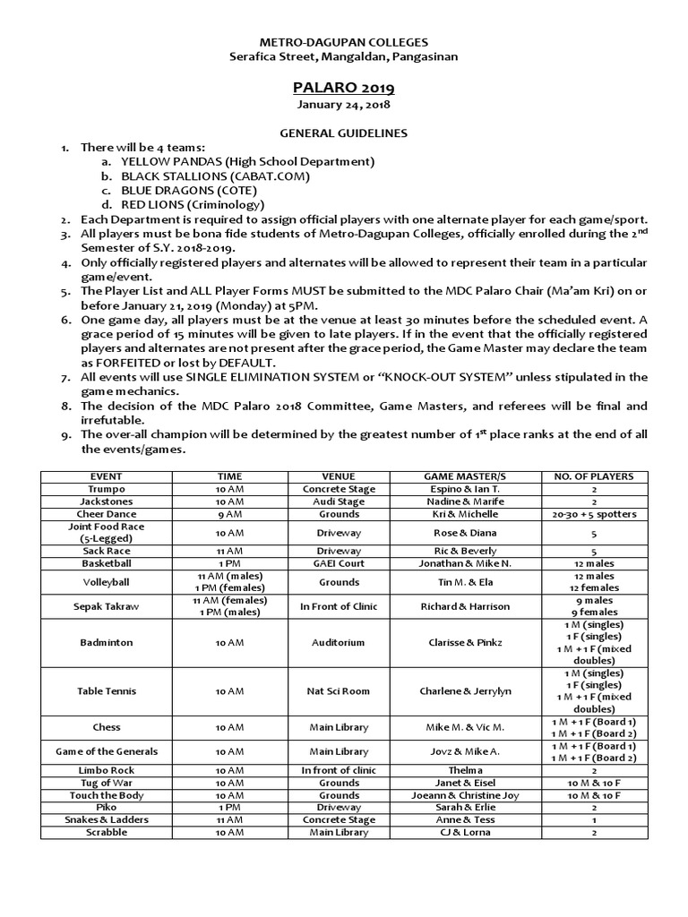 Palaro 2019 Guidelines | PDF | Competitive Games | Ball Games