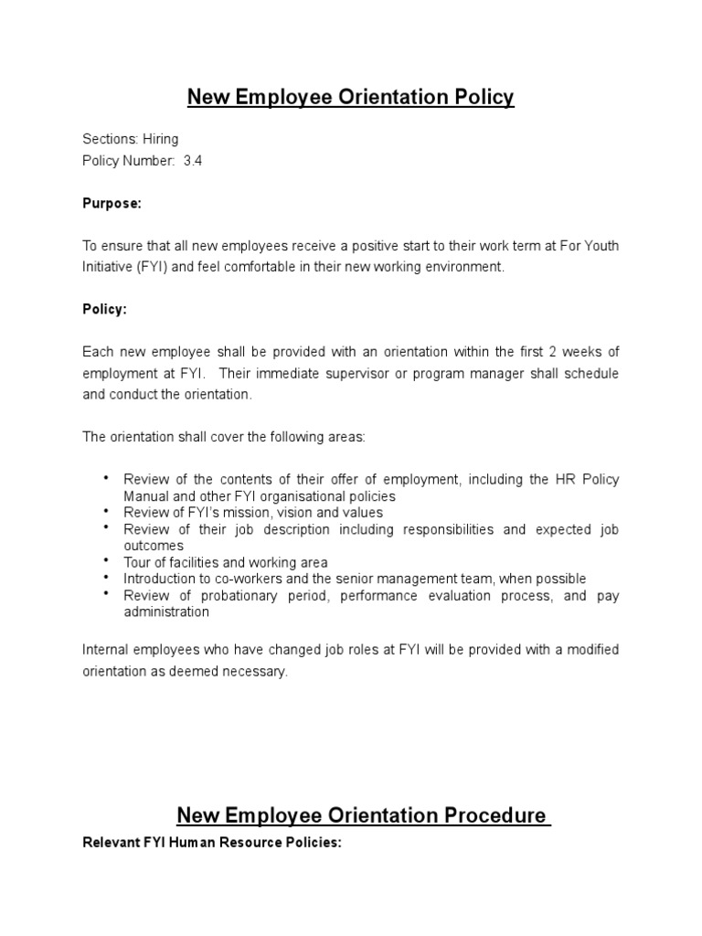 New Employee Orientation Policy: Purpose | Download Free PDF ...