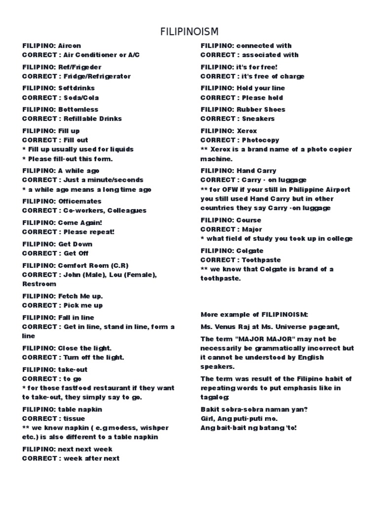 02 Examples of Filipinoism | PDF | Tagalog Language