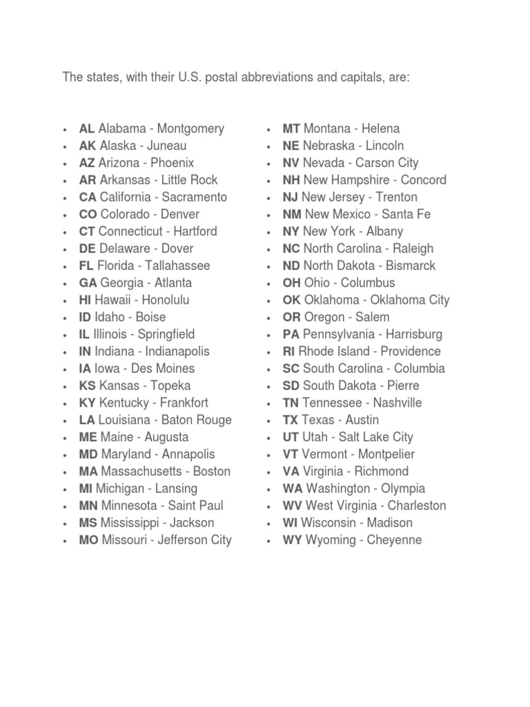 The States, With Their U.S. Postal Abbreviations and Capitals, Are | PDF