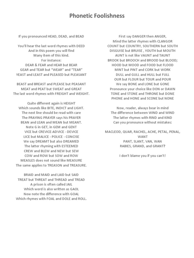 Phonetic Rhymes and Pronunciation Challenges | PDF | Language Arts ...