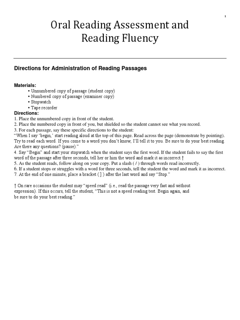 Oral Reading Assessment and Reading Fluency: Directions For ...