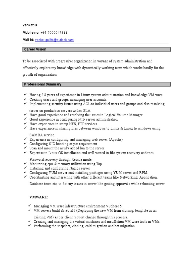 A Comprehensive Resume for a Linux System Administrator Seeking New Opportunities | PDF ...