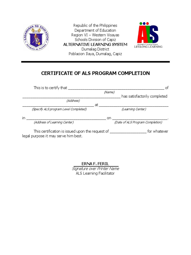 Certificate of Als Program Completion: Alternative Learning System | PDF