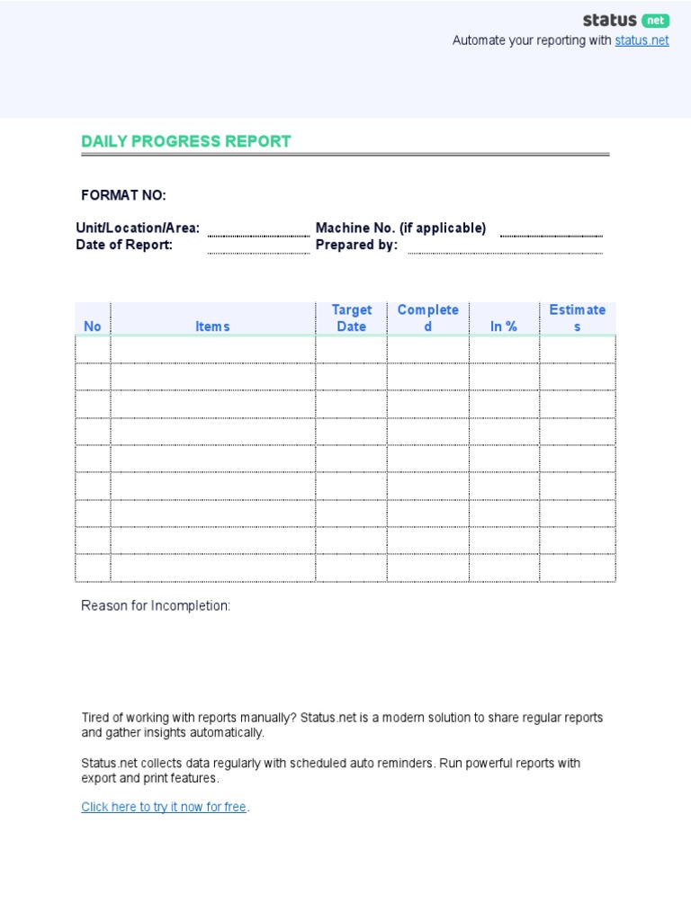 Daily Progress Report: Format No: Unit/Location/Area: Machine No. (If ...