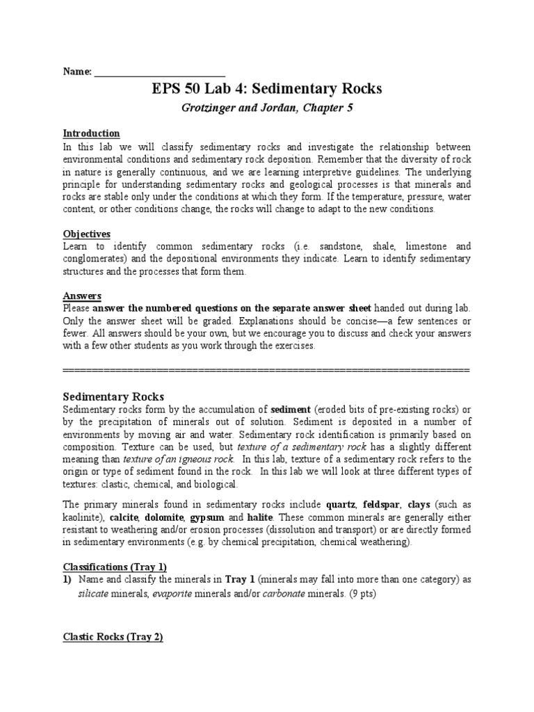 EPS 50 Lab 4: Sedimentary Rocks: Grotzinger and Jordan, Chapter 5 | PDF ...