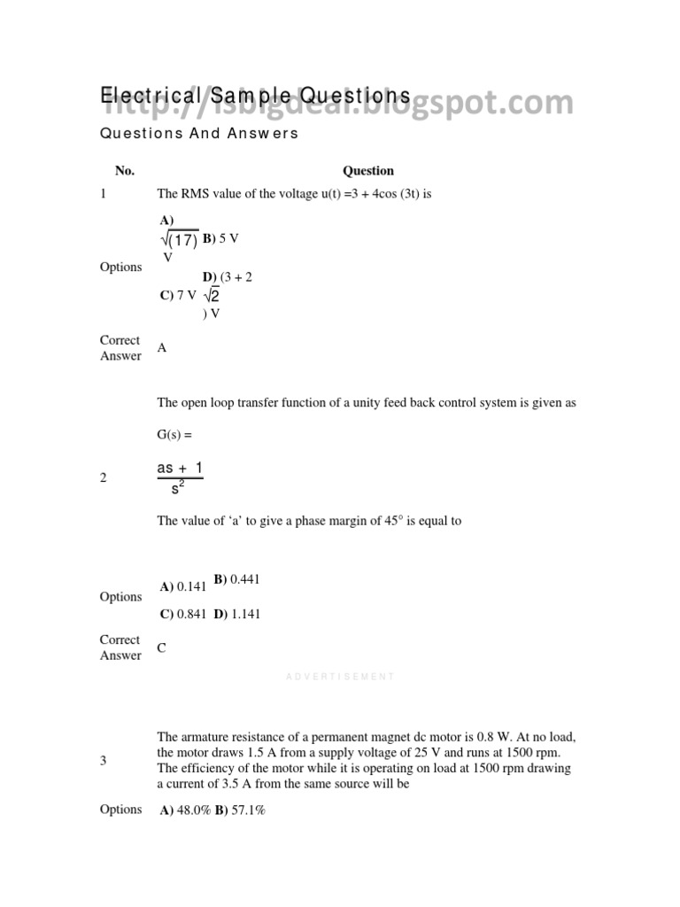 Electrical Sample Questions | PDF | Electric Motor | Electric Generator