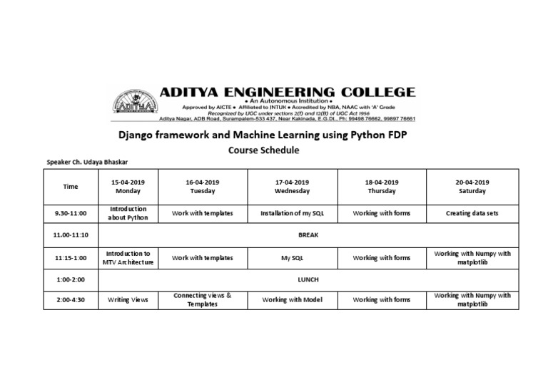 Django Framework and Machine Learning Using Python FDP: Course Schedule | PDF