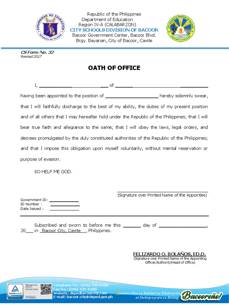 Oath of Office: City Schools Division of Bacoor | PDF