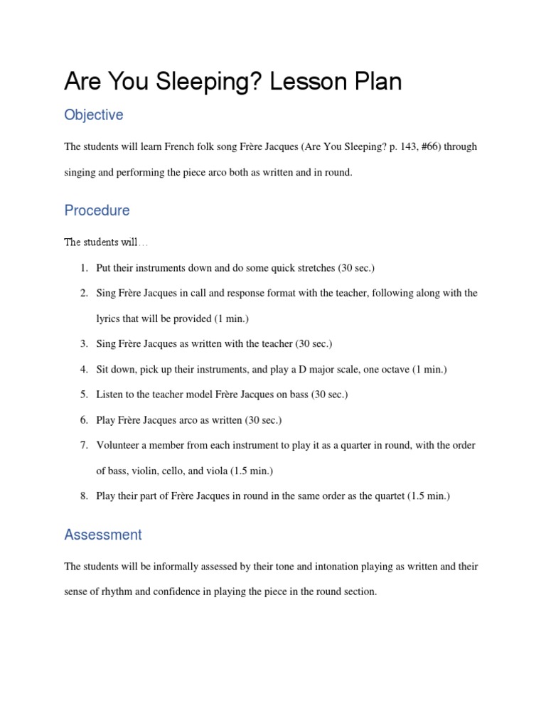 Are You Sleeping? Lesson Plan: Objective | PDF
