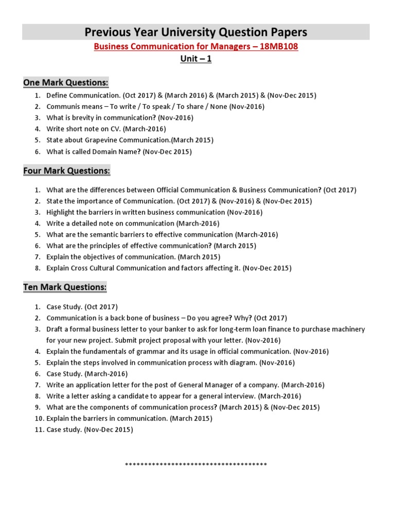 Previous Year University Question Papers: Business Communication For ...