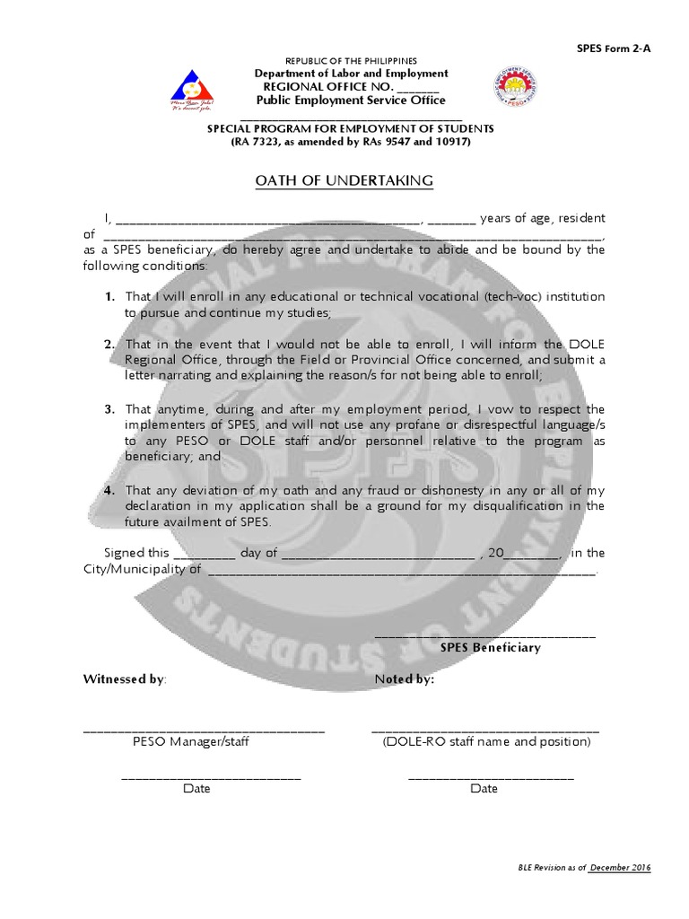 Spes Form 2-A - Oath of Undertaking - Dec16.final | PDF | Government ...