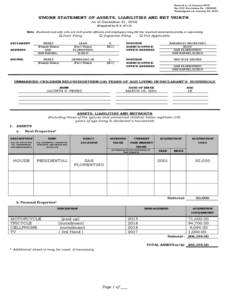 Sworn Statement of Assets, Liabilities and Net Worth | PDF | Identity ...