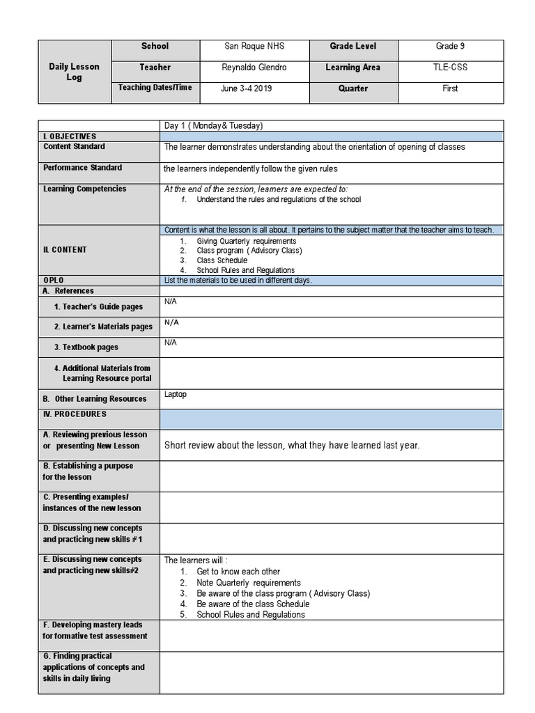 DLP Class Opening Procedures for Grade 9 | PDF | Teachers | Learning