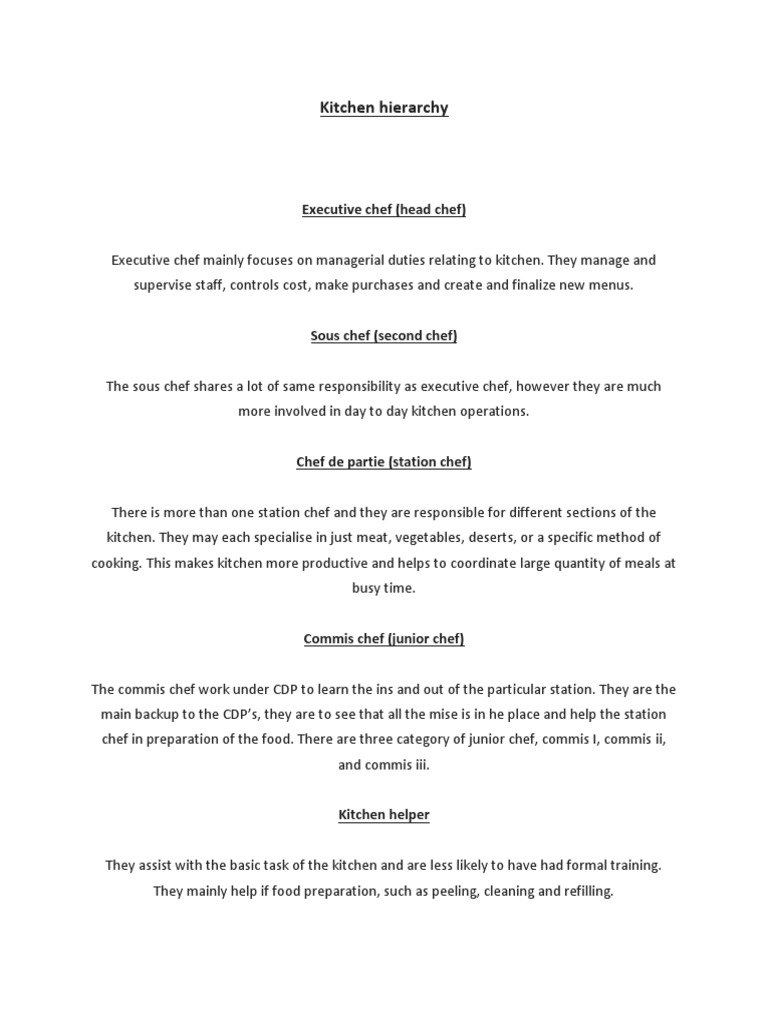 Kitchen hierarchy roles | PDF | Chef | Cooking