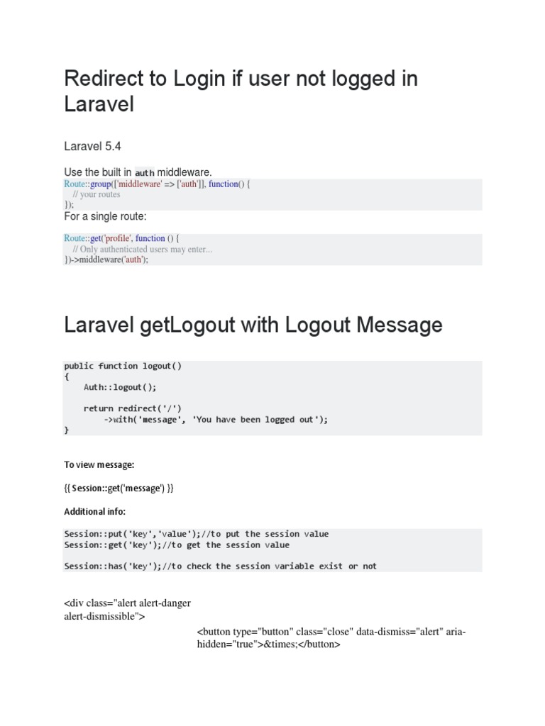 Redirect To Login If User Not Logged in Laravel | PDF