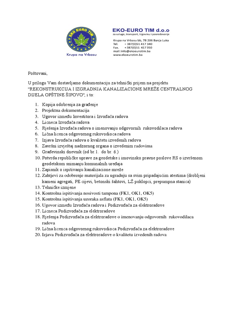 Spisak Dokumentacije Za Tehnički Prijem | PDF