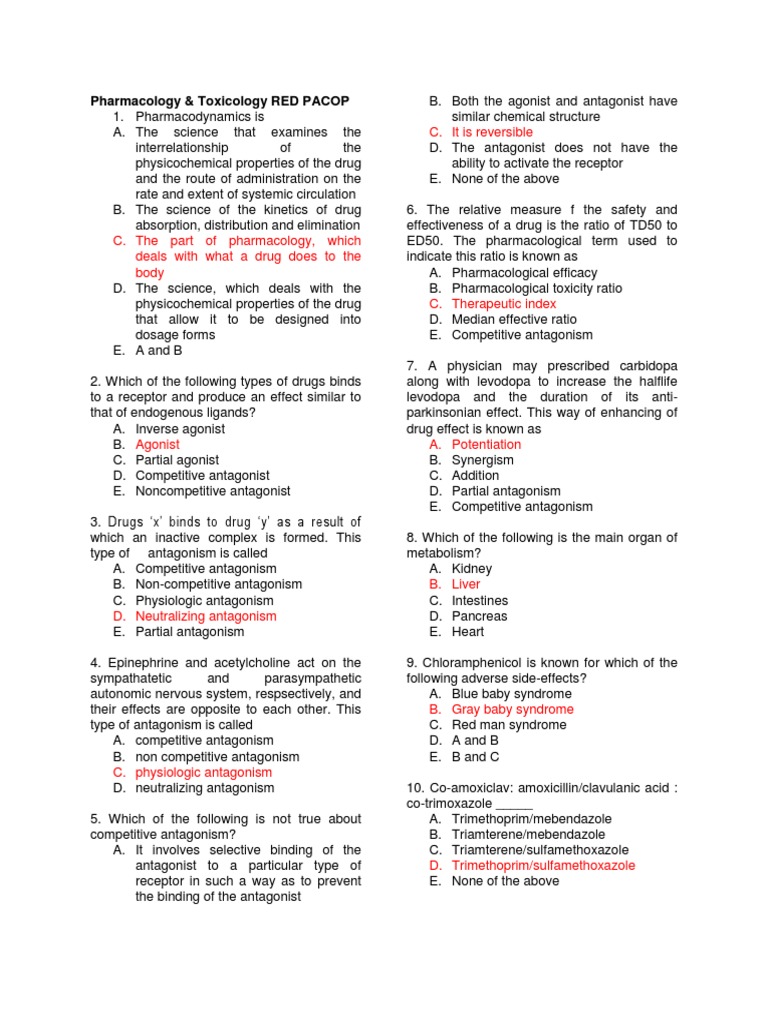 Pharmacology and Toxicology Answer Key RED PACOP | PDF | Receptor ...