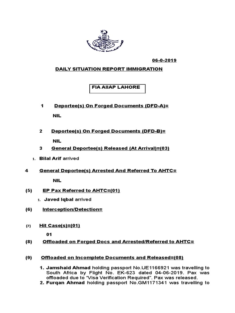 South Africa by Flight No. EK-623 Dated 04-06-2019. Pax Was Offloaded ...