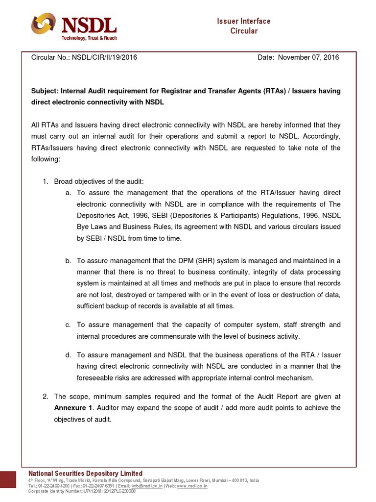 19 Circular For Internal Audit Requirement For RTAs and Issuers Having ...
