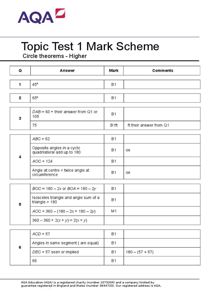 Circle Theorems - Topic Test 1 H - Mark Scheme v1.1 | PDF