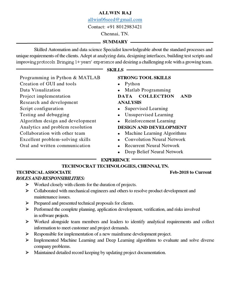 Allwin Raj: Roles and Responsibilities | PDF | Machine Learning | Artificial Neural Network