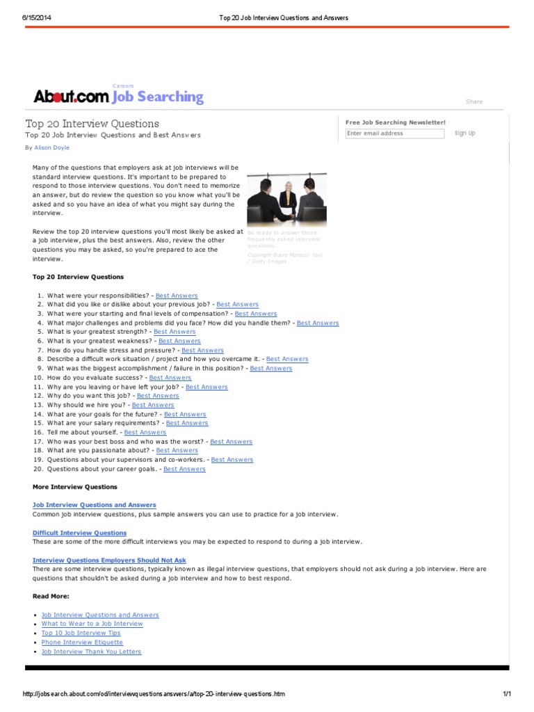 Top 20 Job Interview Questions and Answers PDF | PDF | Job Interview ...