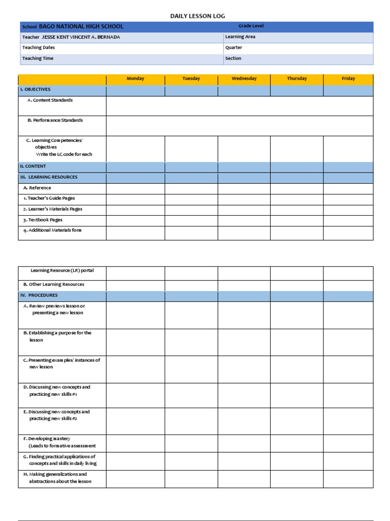 Daily Lesson Log Template Example | PDF