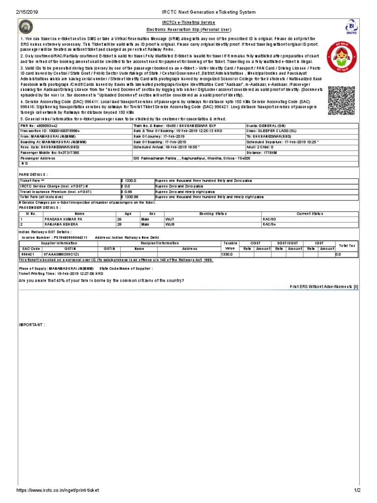Irctcs E-Ticketing Service Electronic Reservation Slip (Personal User ...