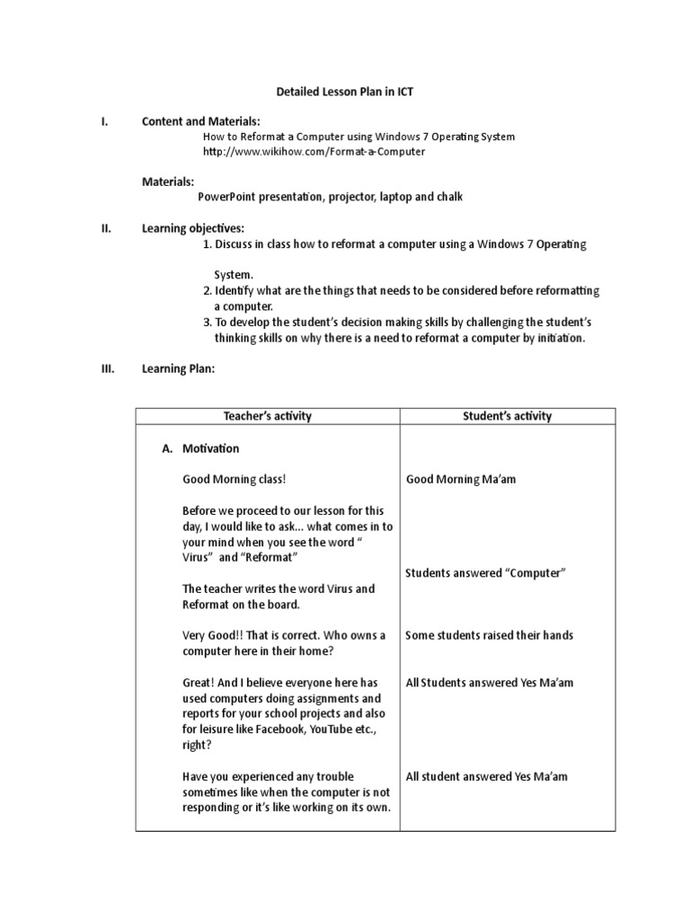 Detailed Lesson Plan in ICT I. Content and Materials:: How To Reformat ...
