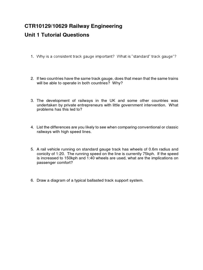 CTR10129/10629 Railway Engineering Unit 1 Tutorial Questions | PDF