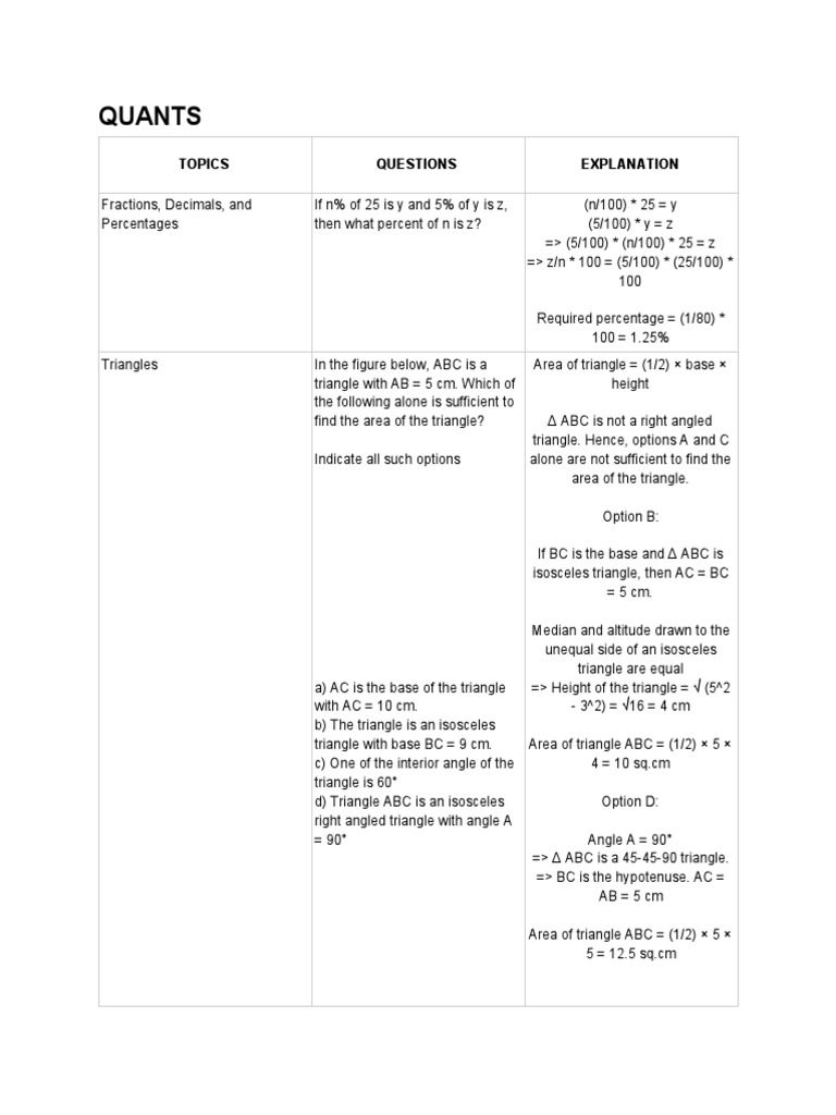 Quants: Topics Questions Explanation | PDF | Odds | Triangle