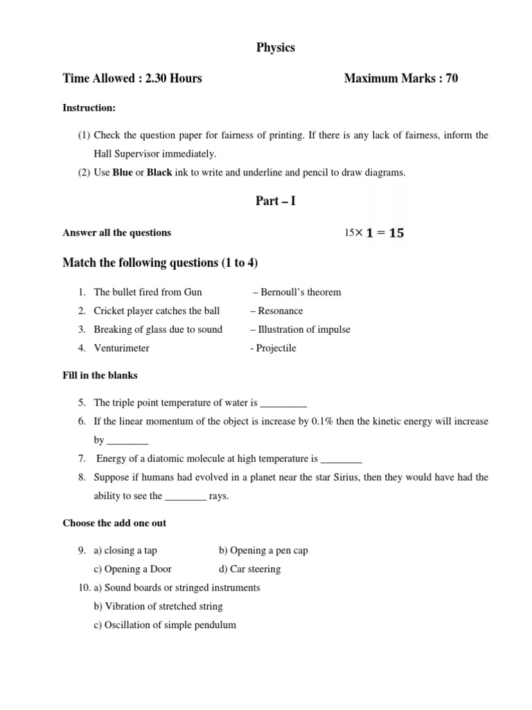 XI - Physics Model Question Paper | PDF | Torque | Force