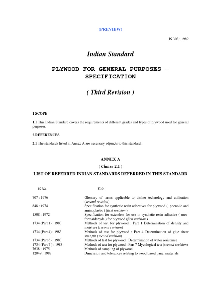 IS 303:1989 Plywood Specification | PDF