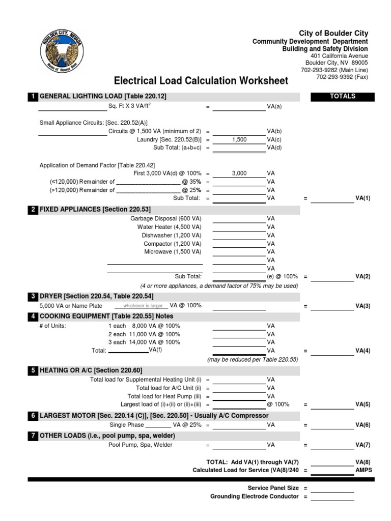 Electrical Load Calculation Worksheet: 1 Totals | PDF | Home Appliance ...