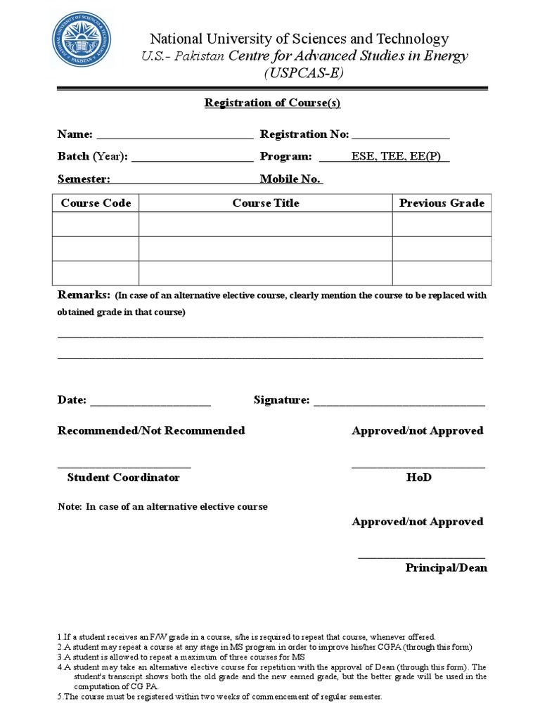Course Registration From (Blank) | PDF