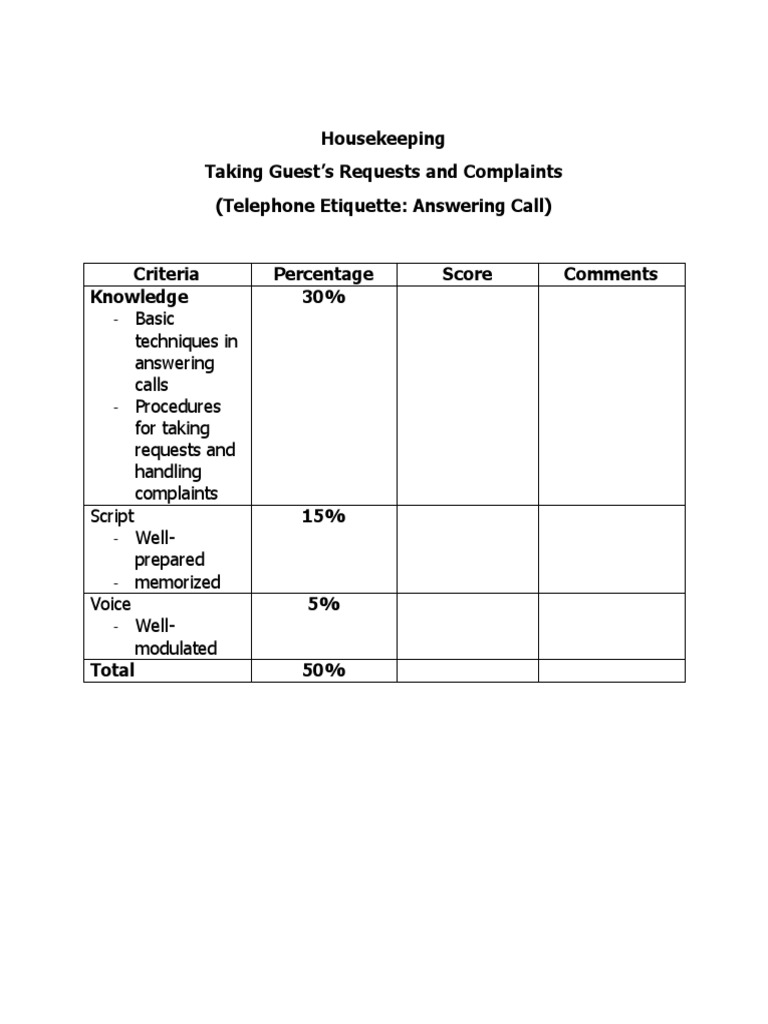 Housekeeping RUbric Phone | PDF
