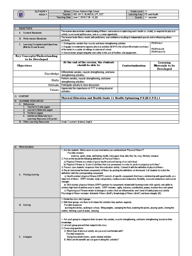 Dlp No 1 Hope 1 Pdf Physical Fitness Weight Training