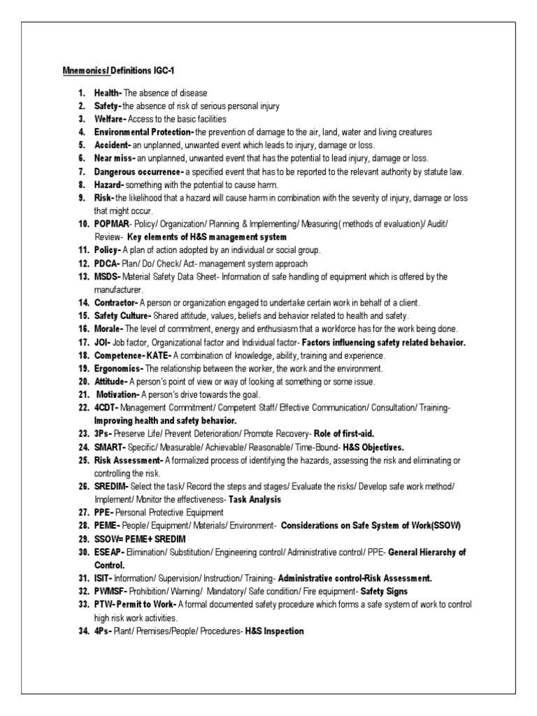 Key Safety Mnemonics Explained | PDF | Occupational Safety And Health ...