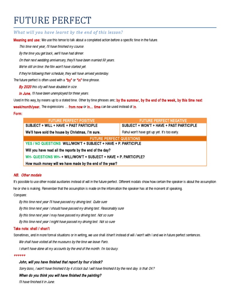 #1 Future Perfect LESSON | PDF | Perfect (Grammar) | Onomastics