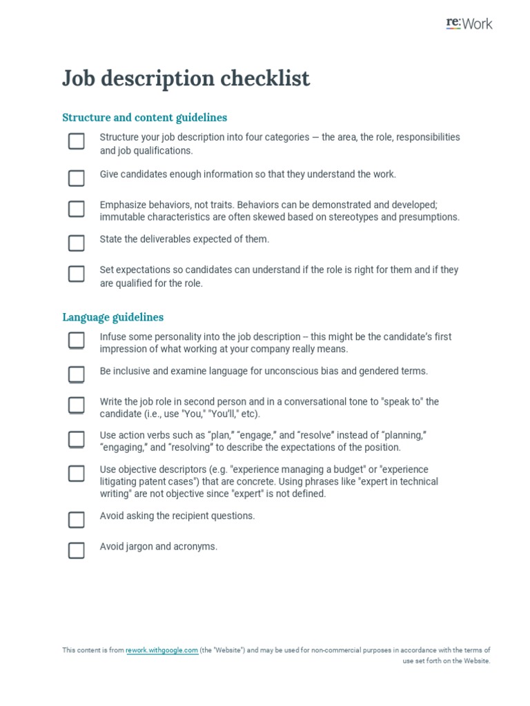 (Re - Work) Job Description Checklist | PDF