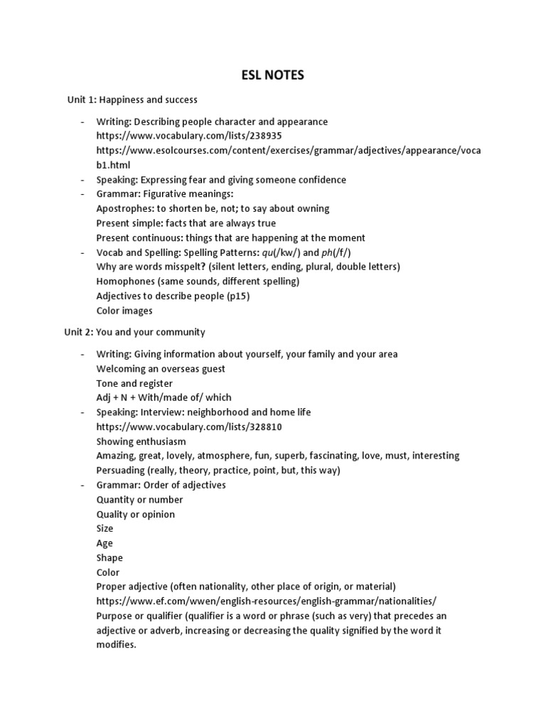 Esl Notes | PDF | Adjective | Word